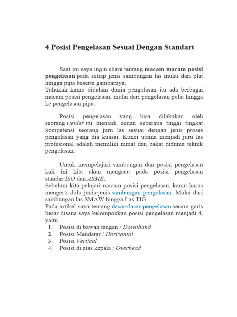 4 Posisi Pengelasan Sesuai Dengan Standart | PDF