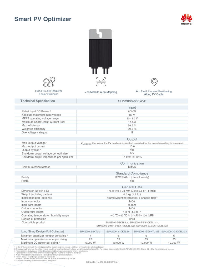 Smart PV Optimizer: Technical Specification SUN2000-600W-P Input | PDF