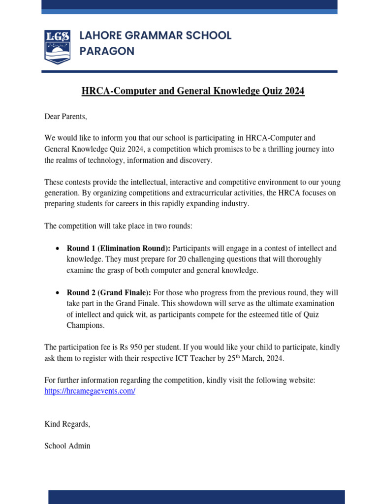HRCA Quiz Competition 2024 Details | PDF | Business
