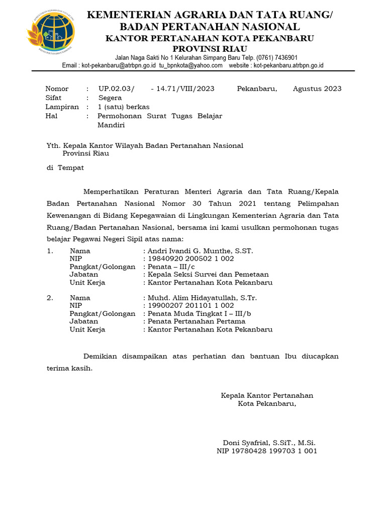 Surat Pengantar Permohonan Tugas Belajar | PDF