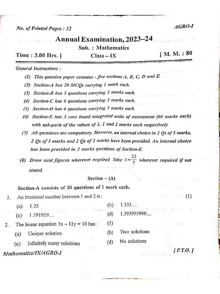 Class 9 Math 2024 Agra Region | PDF