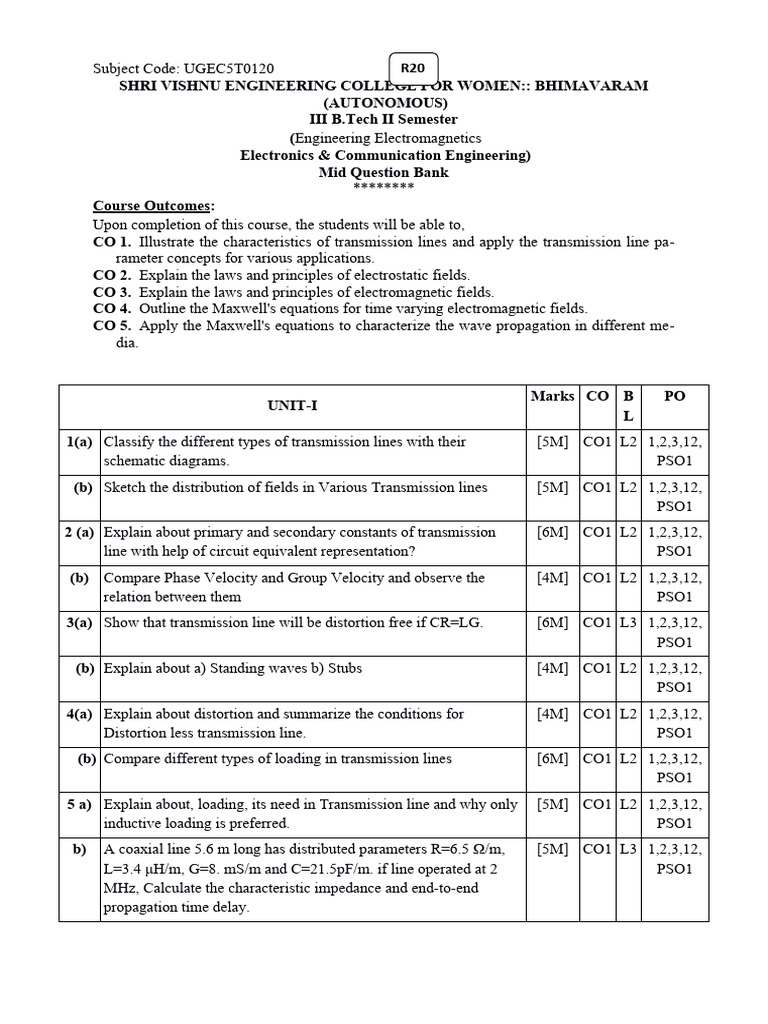 SVECW - R20 - Question Bank - EEM-1 | PDF | Waves | Transmission Line