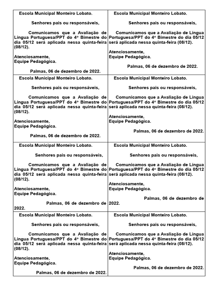 Bilhete Pais 3º Ano Prova de Portugues | PDF