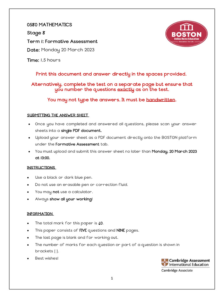 MATH - Stage 8 - Formative Assessment - Term 1 - Test - 20 March 2023 ...