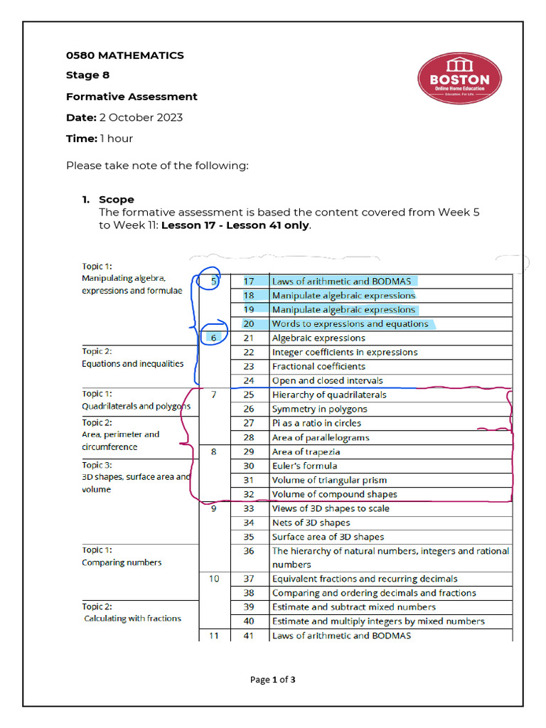MATH - Stage 8 - Formative Assessment - 2 Oct 2023 - Scope & Revision Program | PDF