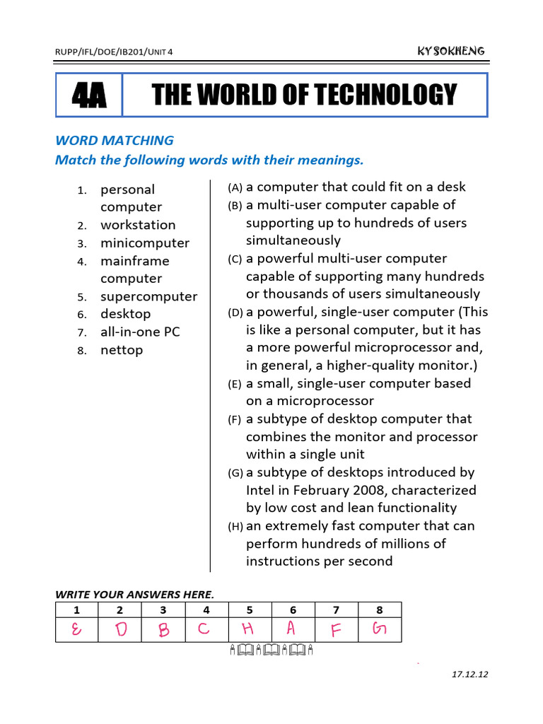 Technology Word Matching Exercise | PDF | Personal Computers | Desktop ...