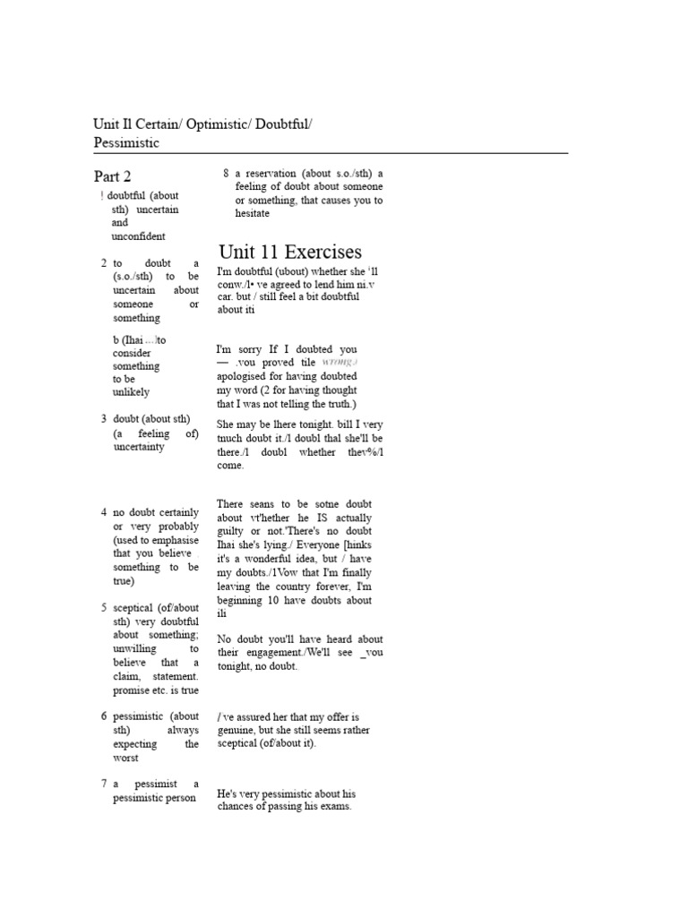 Unit 11 Exercises: Unit Il Certain/ Optimistic/ Doubtful/ Pessimistic | PDF