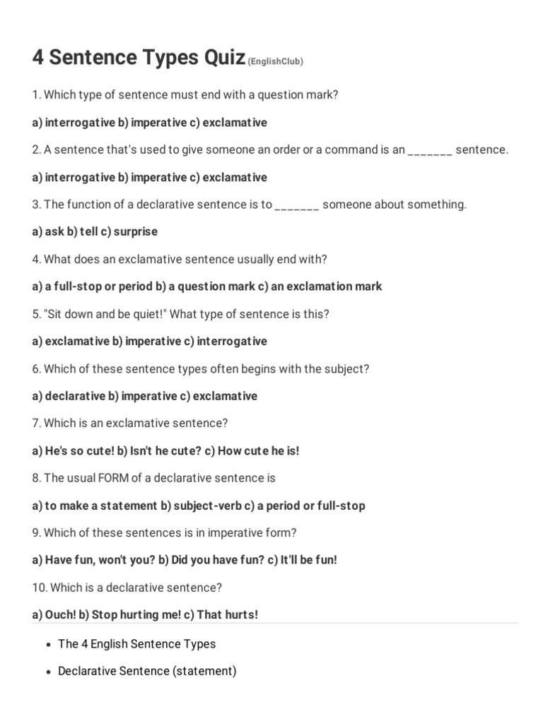 4 Sentence Types Quiz - Grammar - EnglishClub | PDF