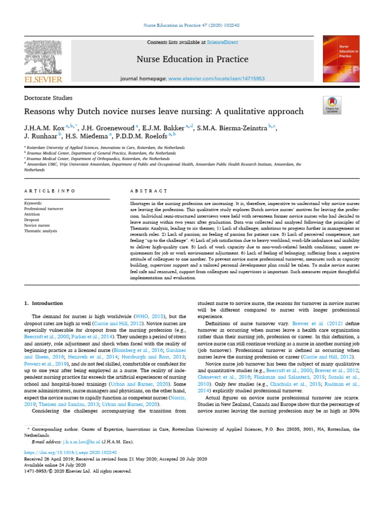 Kox Et Al 2020 Reasons Why Dutch Novice Nurses Leave Nursing | Download ...