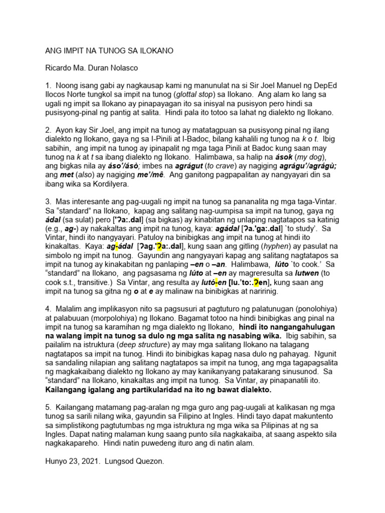 Ang Impit Na Tunog Sa Ilokano | PDF