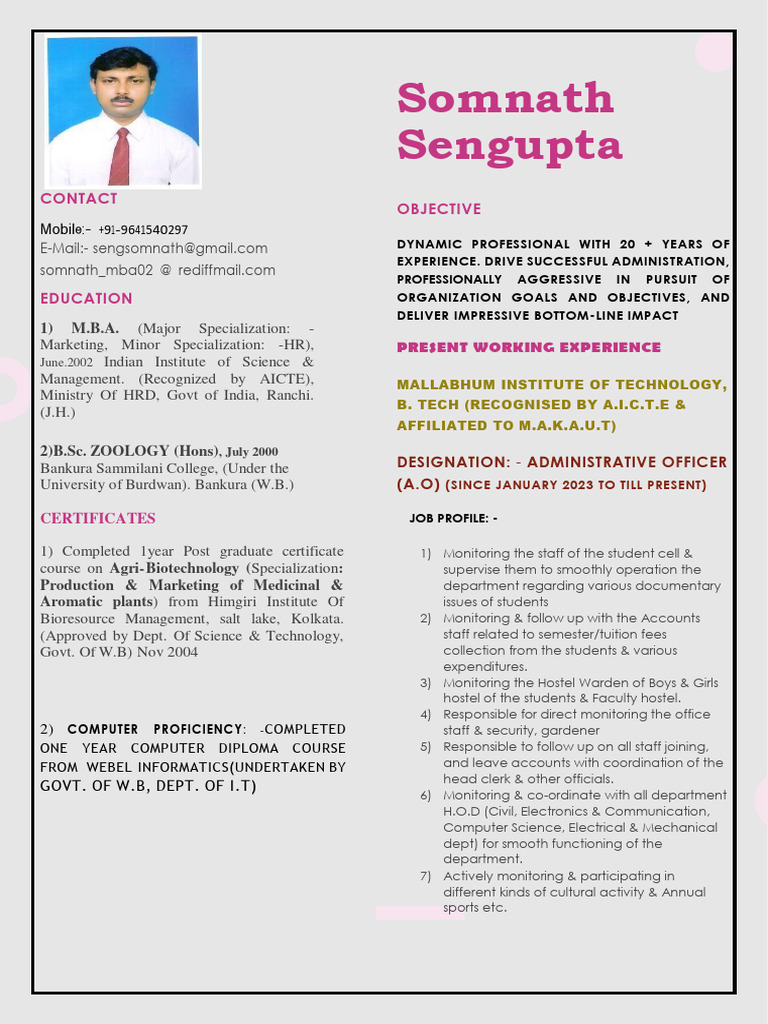 CV of Somnath Sengupta A.O Mit Bishnupur Bankura | PDF | Entrepreneurship | Business