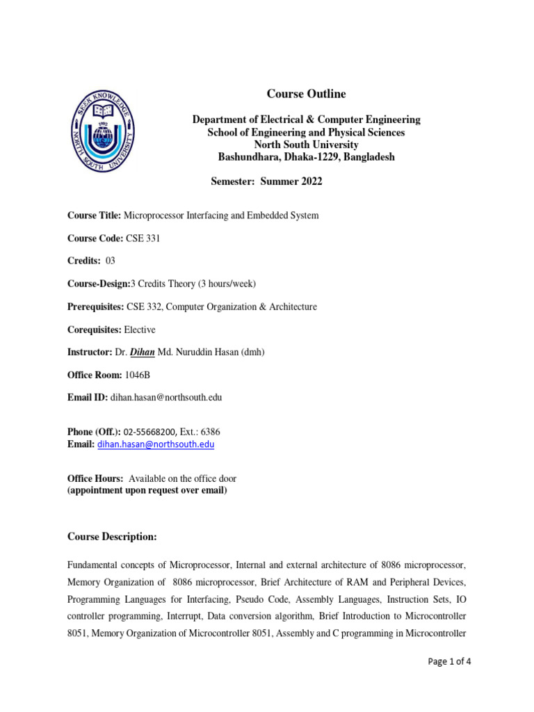Course Outline Cse 331microprocessorsummer2022 Pdf Microcontroller Microprocessor