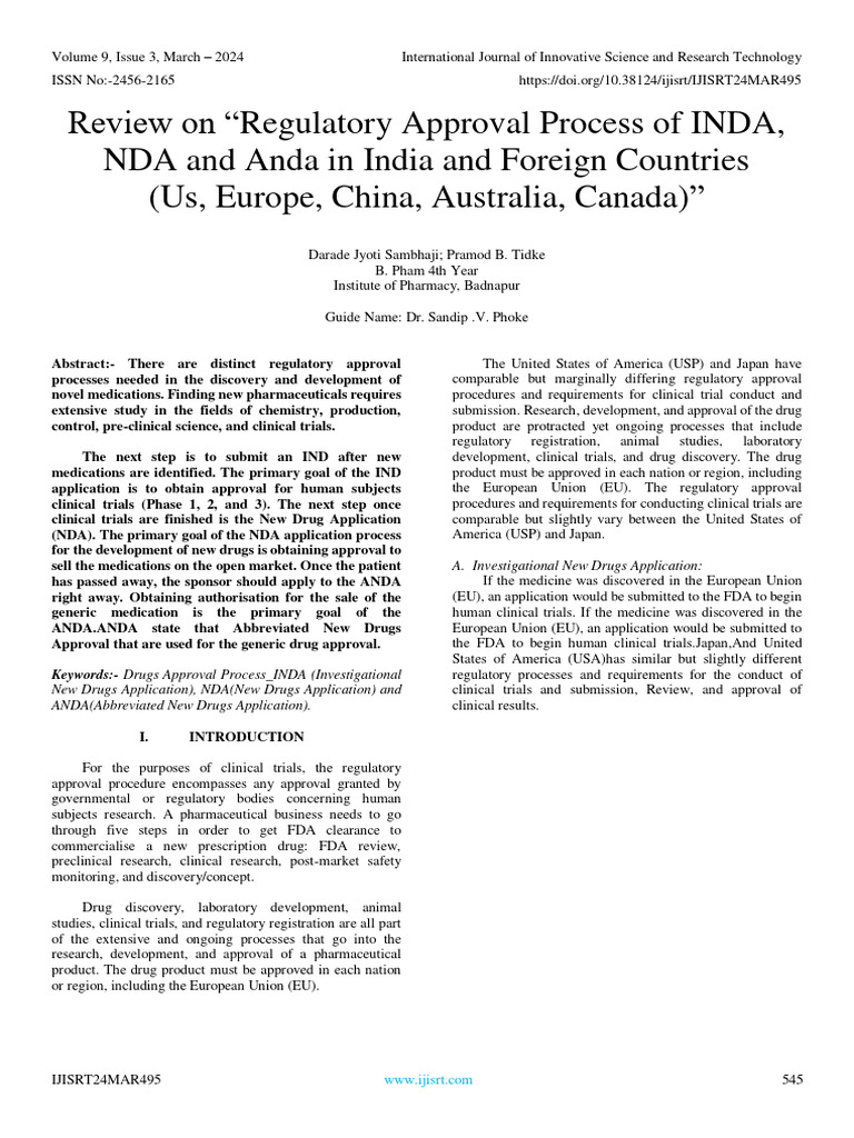 Review On "Regulatory Approval Process of INDA, NDA and Anda in India ...