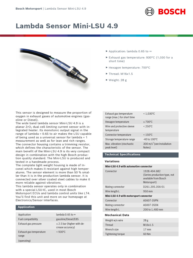 Data Sheet - 69070987 - Lambda - Sensor - Mini-LSU - 4.9 | PDF | Tools | Manufactured Goods