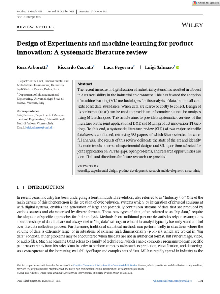 Quality Reliability Eng - 2021 - Arboretti - Design of Experiments and Machine Learning For ...