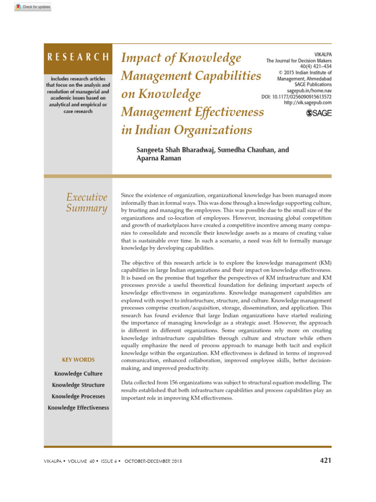 Impact of Knowledge Management Capabilities on Knowledge Management Effectiveness in Indian ...