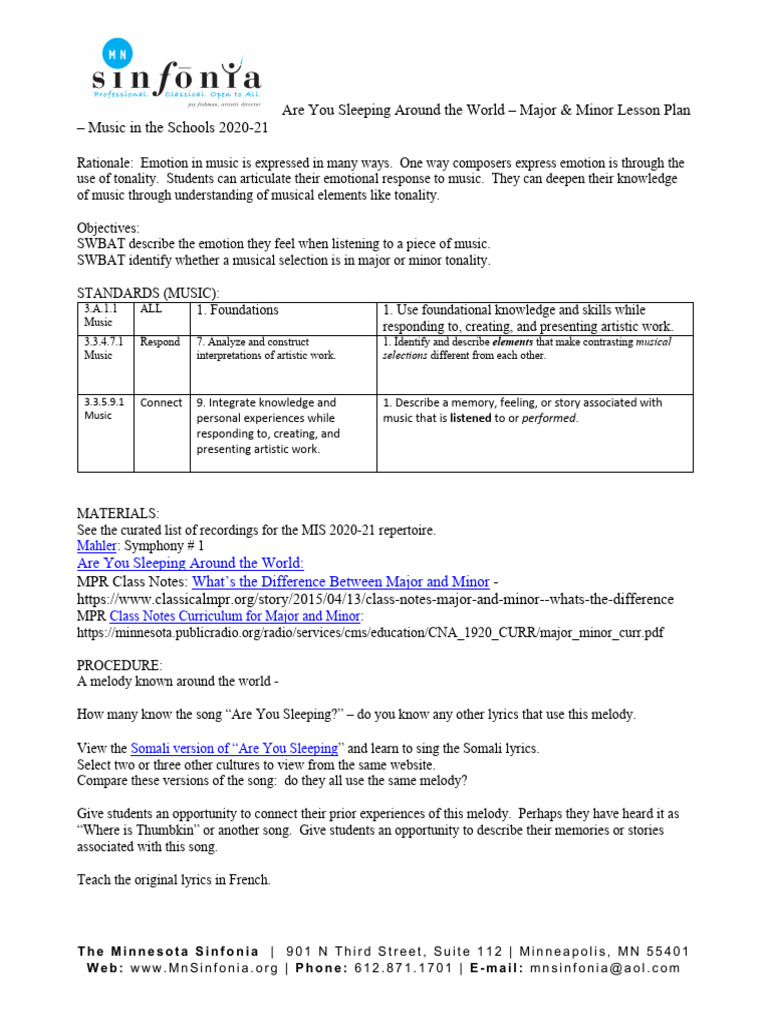 Are-You-Sleeping-Major-Minor_LessonPlan | PDF | Knowledge | Experience