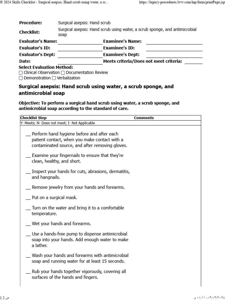 © 2024 Skills Checklist Surgical Asepsis Hand Scrub Using Water | PDF ...
