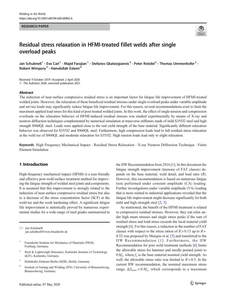 Residual Stress Relaxation in HFMI-treated Fillet Welds After Single ...