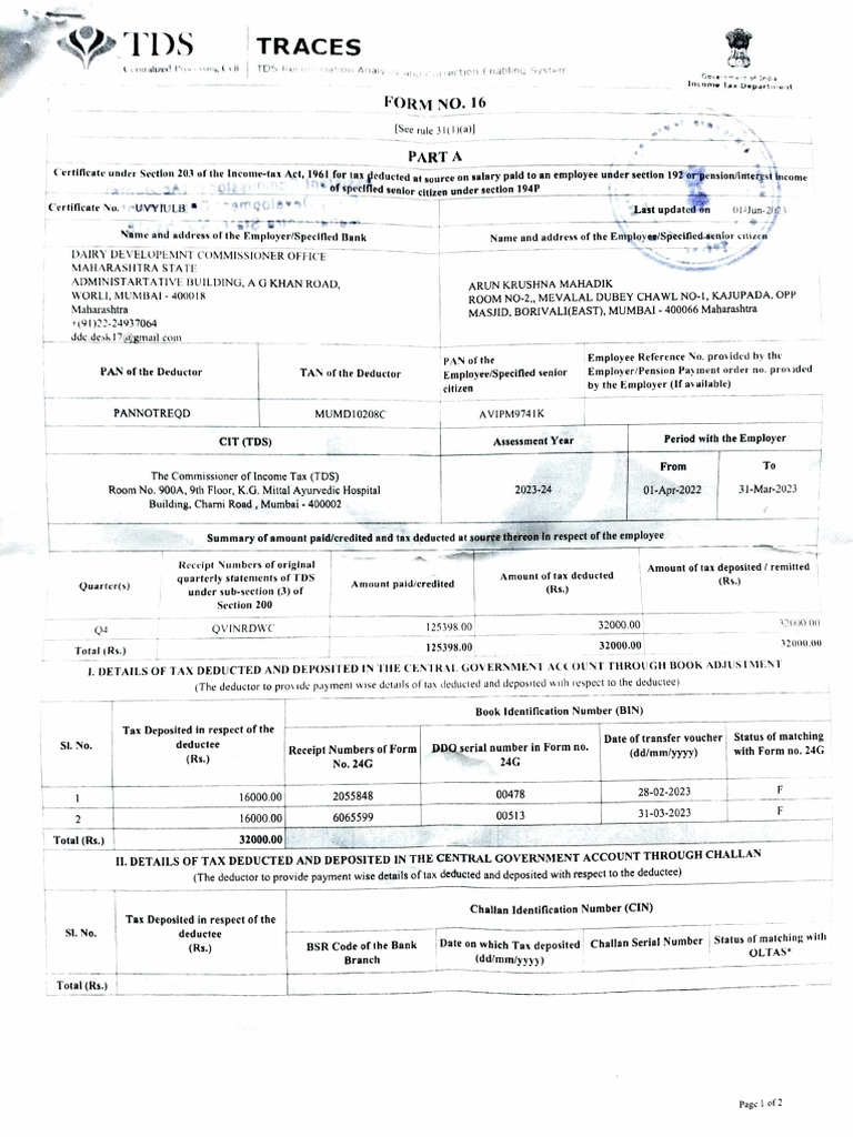Form 16 TDS Certificate Verification | PDF | Tax Deduction | Pension