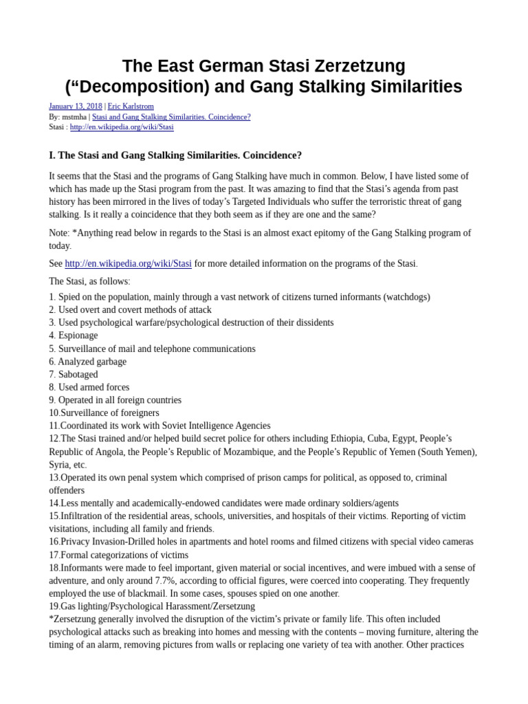 The East German Stasi Zerzetzung ("Decomposition) and Gang Stalking ...