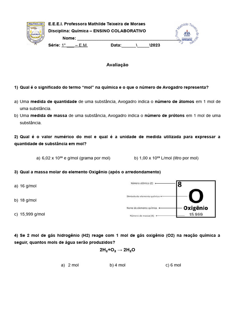 Prova De Quimica 1 Ano Adaptada Pdf
