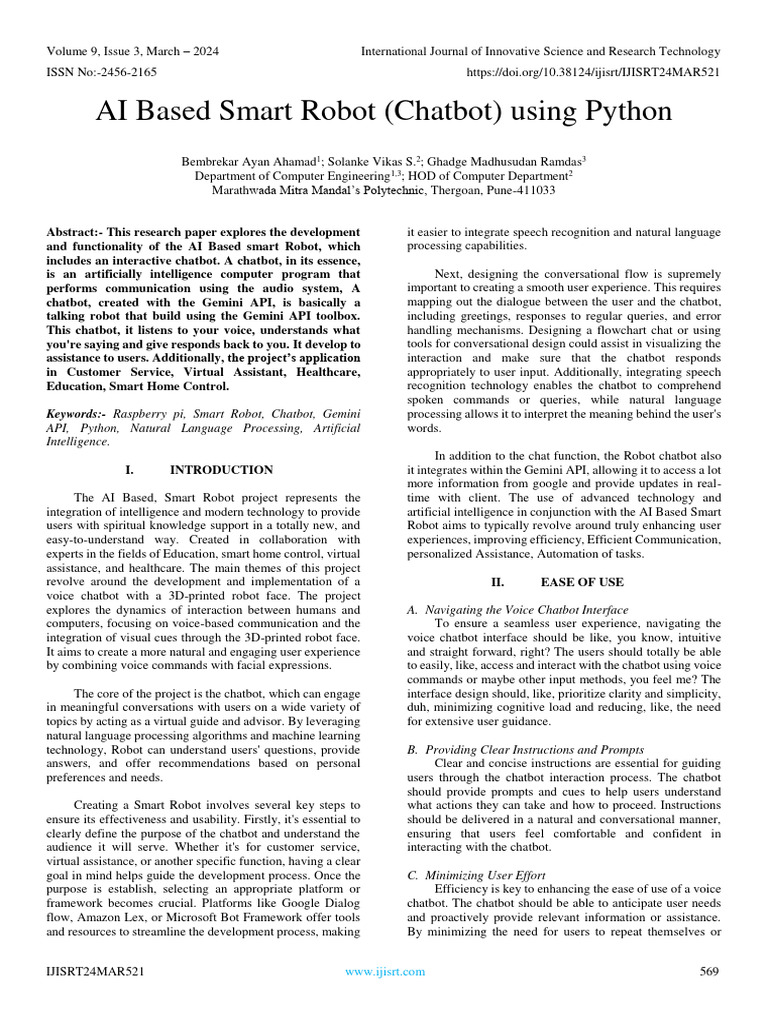 Ai Based Smart Robot Chatbot Using Python Pdf Speech Recognition Artificial Intelligence 9890