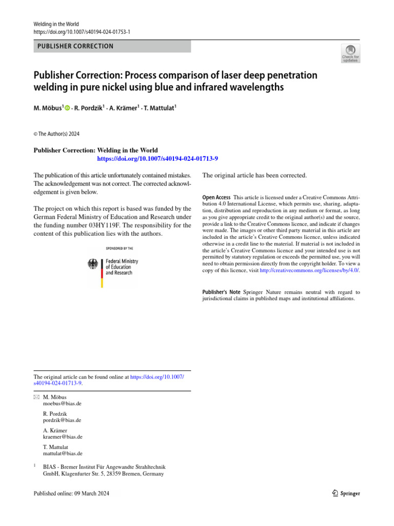Publisher Correction: Process Comparison of Laser Deep Penetration ... Publisher Correction: Process Comparison of Laser Deep Penetration ...