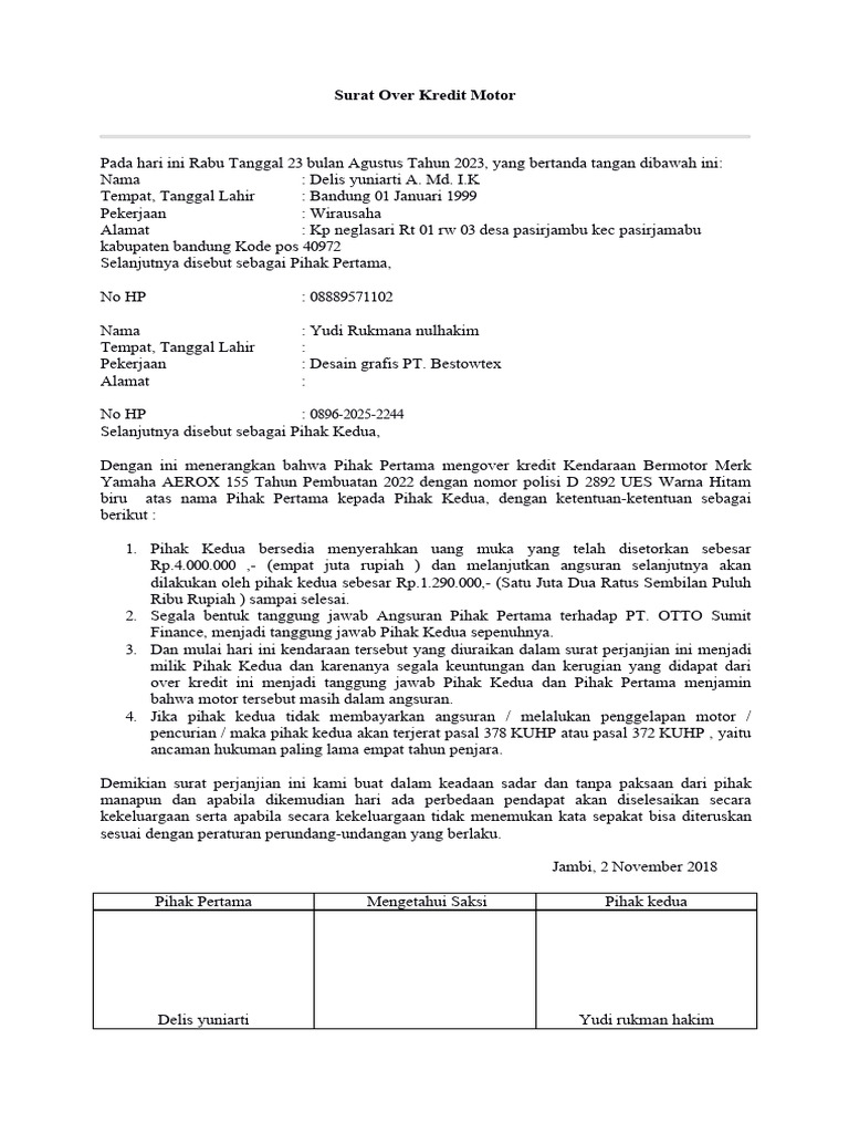 Surat - Over - Kredit - Motor 2 | PDF