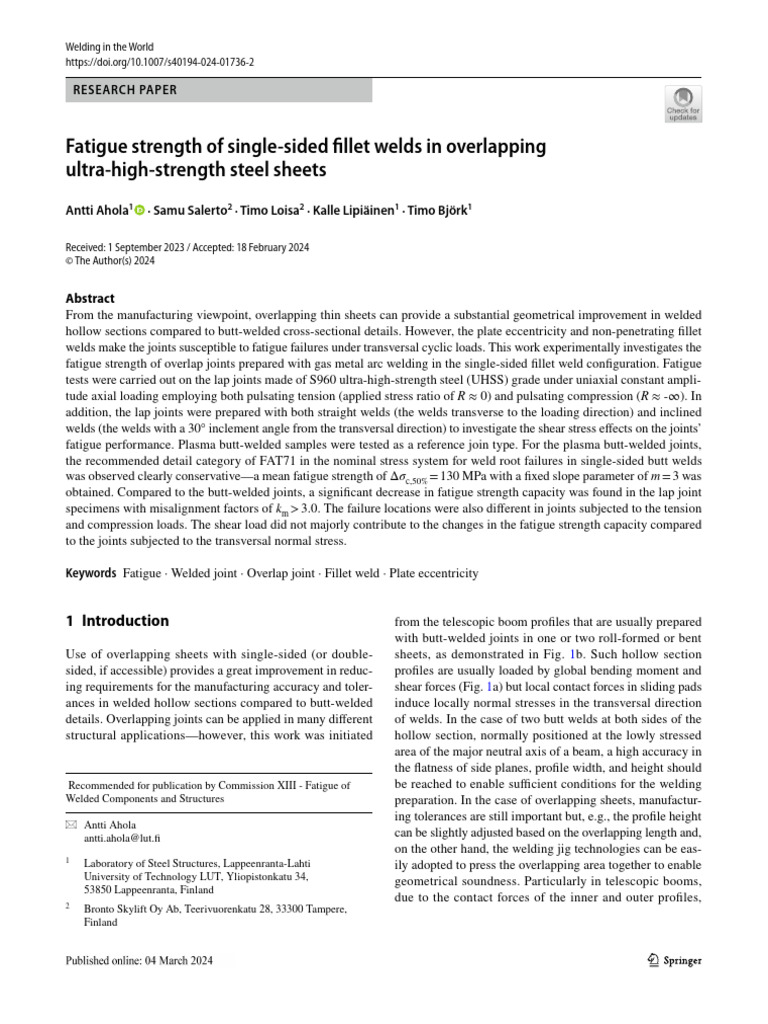 Fatigue Strength of Single-Sided Fillet Welds in Overlapping Ultra-High ...