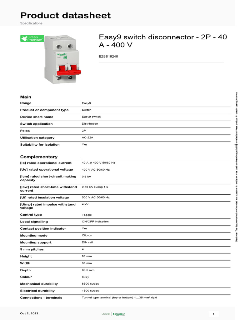 Easy9 Switch-Disconnectors - EZ9S16240 | Download Free PDF | Switch ...