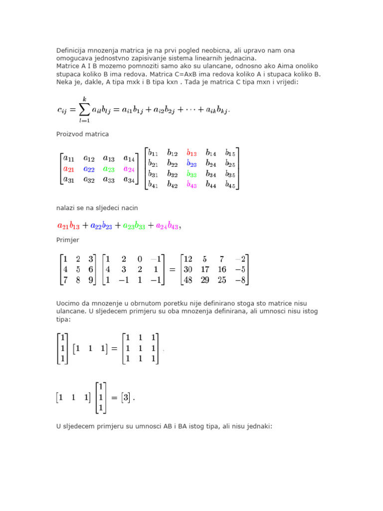 Definicija Mnozenja Matrica Je Na Prvi Pogled Neobicna | PDF