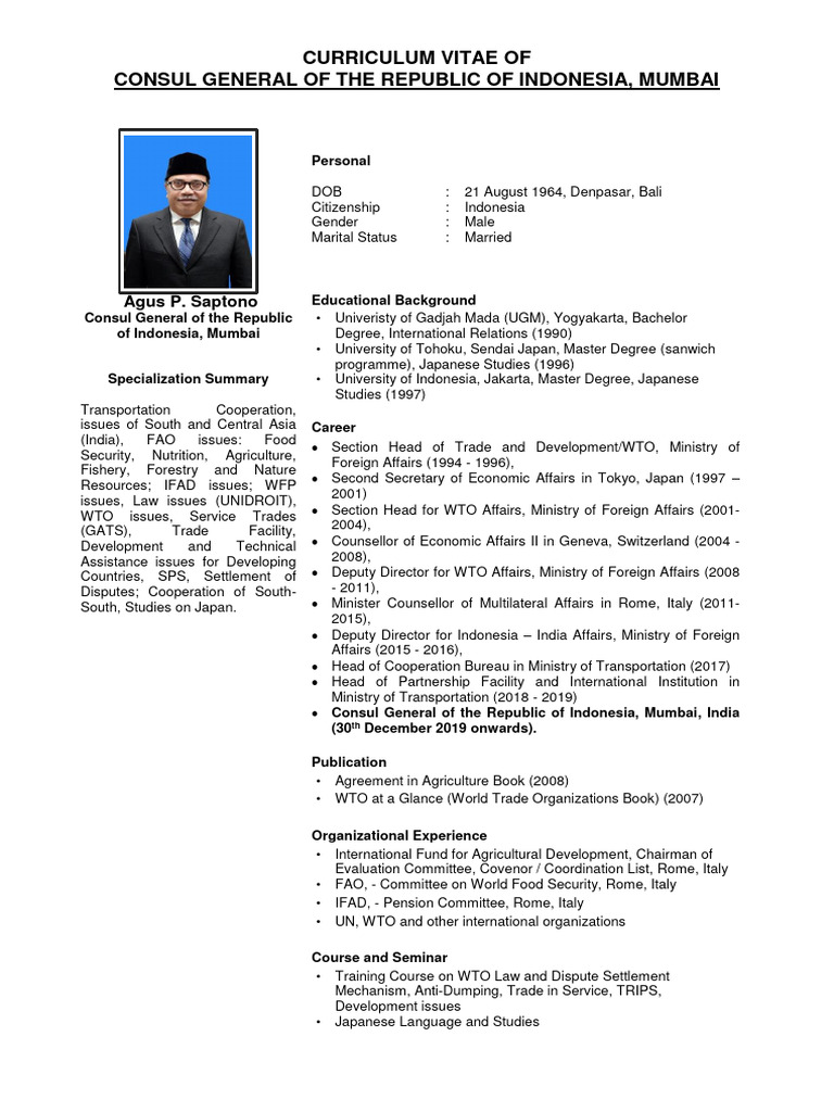 CV Mr. Agus P Saptono Consul General of Indonesia, Mumbai | PDF | World ...