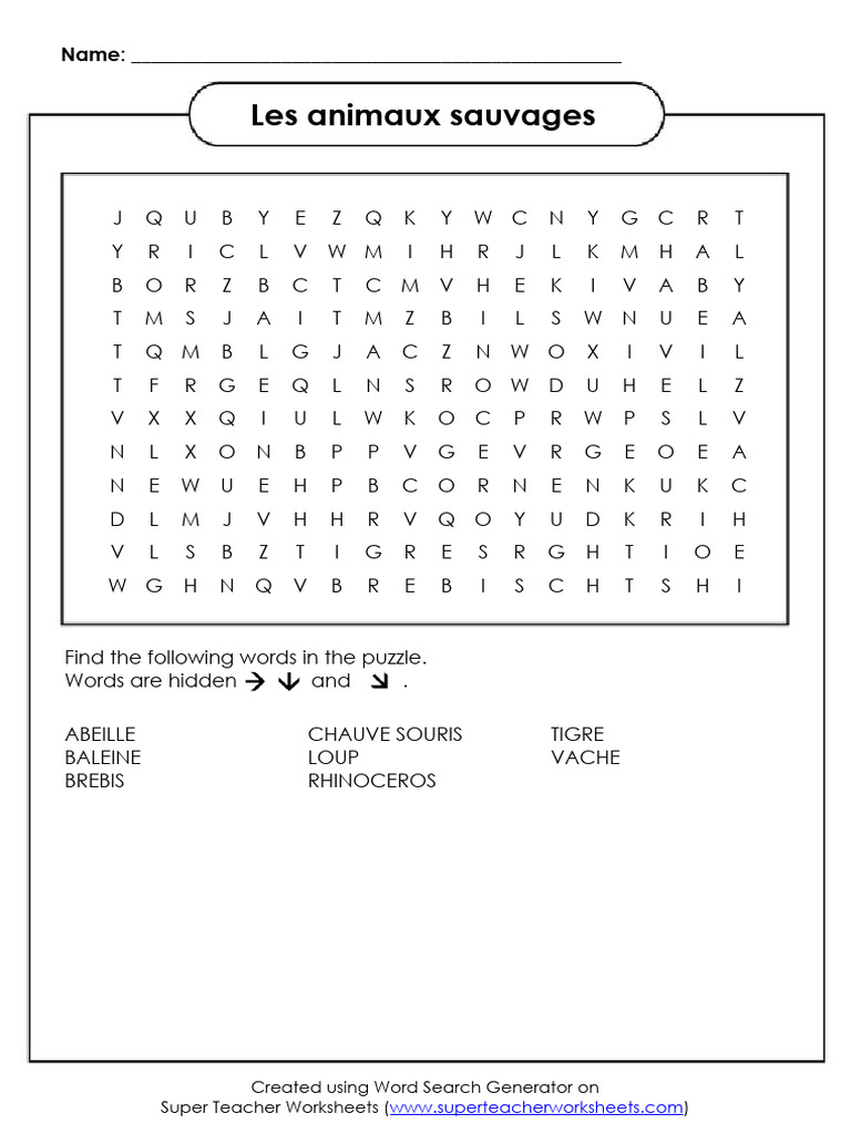 Word Search: Les Animaux Sauvages | PDF | Puzzles | Word Puzzles