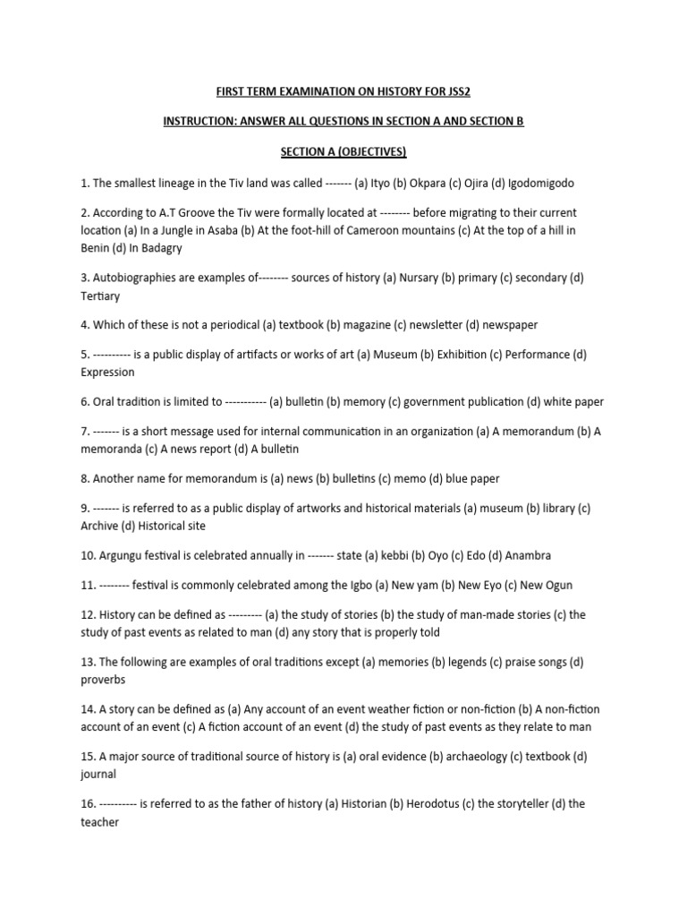 First Term Exam On History For Jss2 2022 | PDF