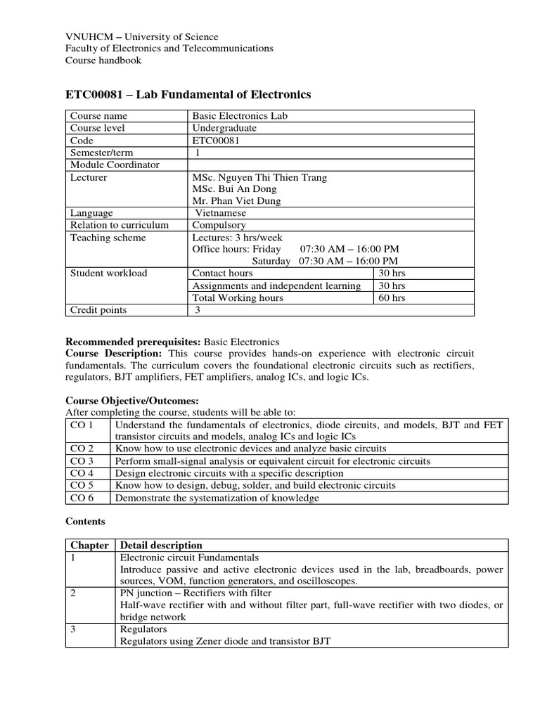 Basic Electronics Lab - Course Syllabus - 2024 - 2 | PDF | Electronic ...