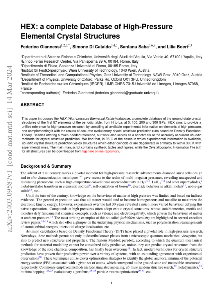 HEX: A Complete Database of High-Pressure Elemental Crystal Structures ...