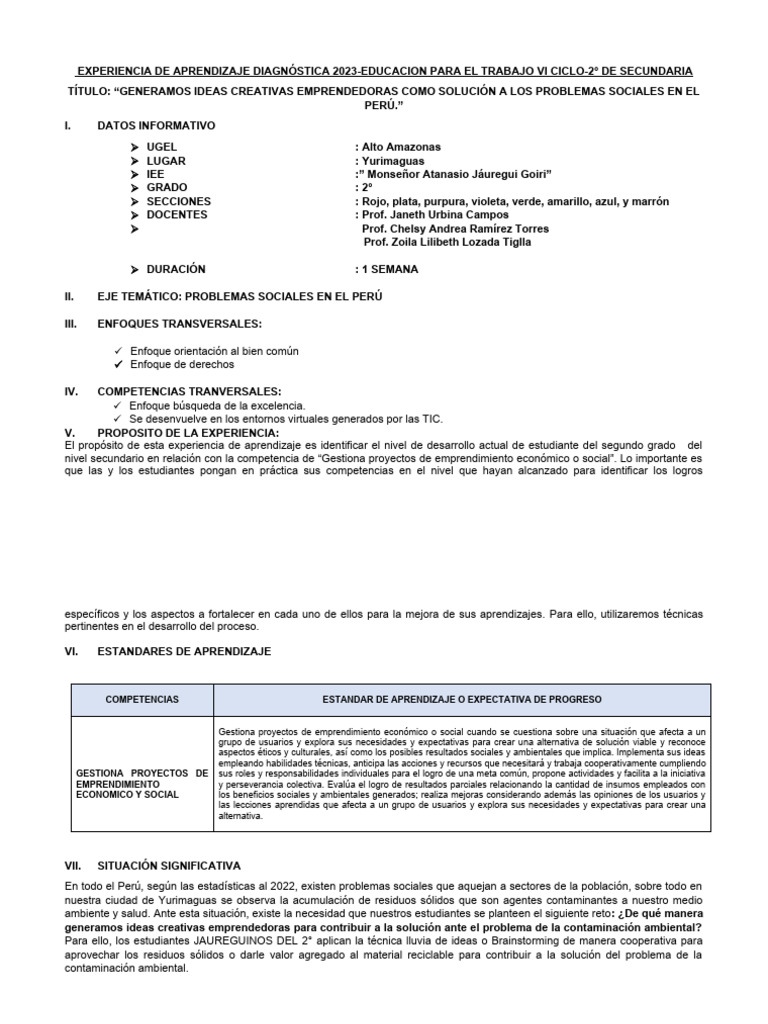 Evaluación Diagnóstica Ept-2° | PDF | Lluvia de ideas | Iniciativa empresarial