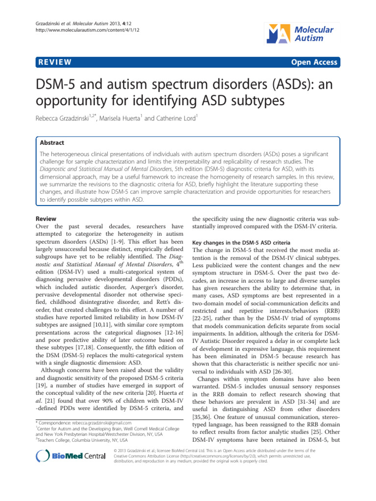Dsm-5 and Autism Spectrum Disorders (Asds) : An Opportunity For ...