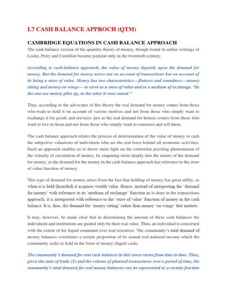 Cambridge Cash Balance Theory | PDF | Money | Demand For Money