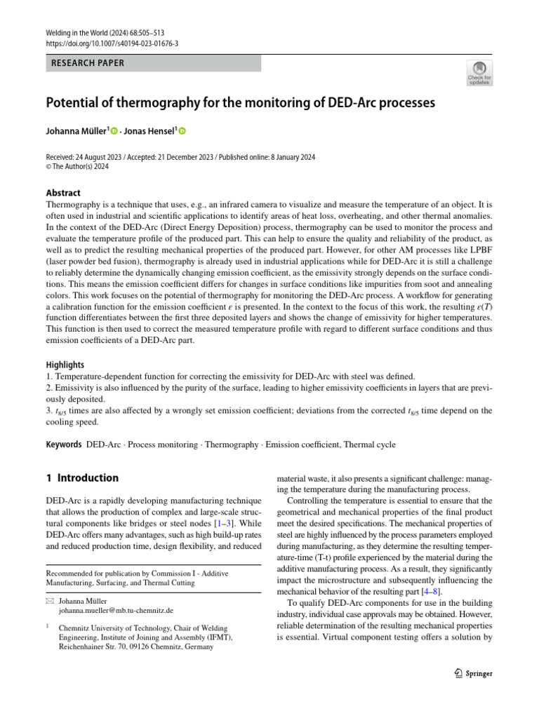 Potential of Thermography For The Monitoring of DED-Arc Processes | PDF | Thermography | Infrared