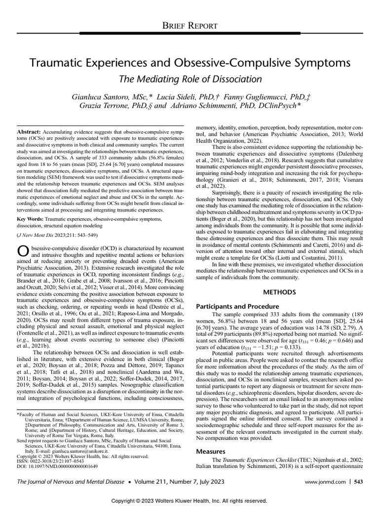 Traumatic Experiences and Obsessive-Compulsive Symptoms - The Mediating ...