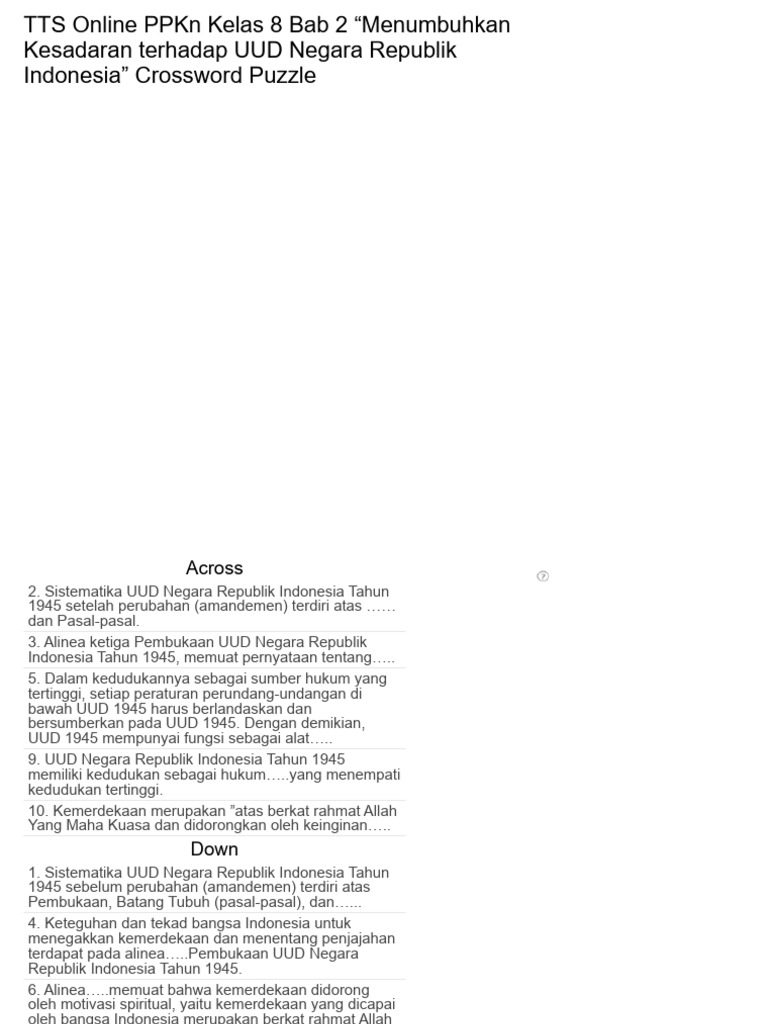 Lembar Kerja TTS Online PPKN Kelas 8 Bab 2 "Menumbuhkan Kesadaran Terhadap UUD Negara Republik ...
