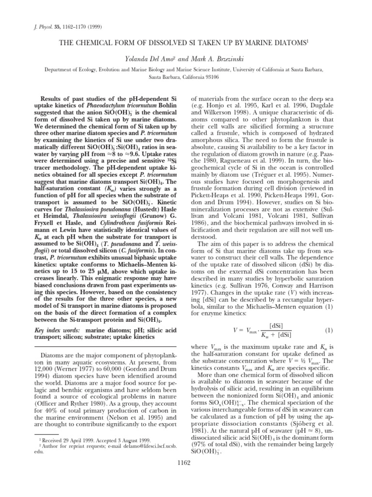 The Chemical Form of Dissolved Si Taken Up by Marine Diatoms | PDF | Ph ...