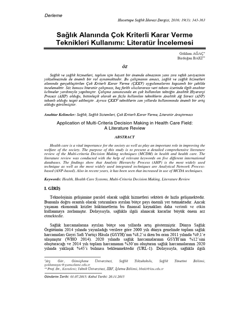 Sa - L - K Alan - Nda - Ok Kriterli Karar Verme Teknikleri Kullan - M - Literat - R - Ncelemesi ...