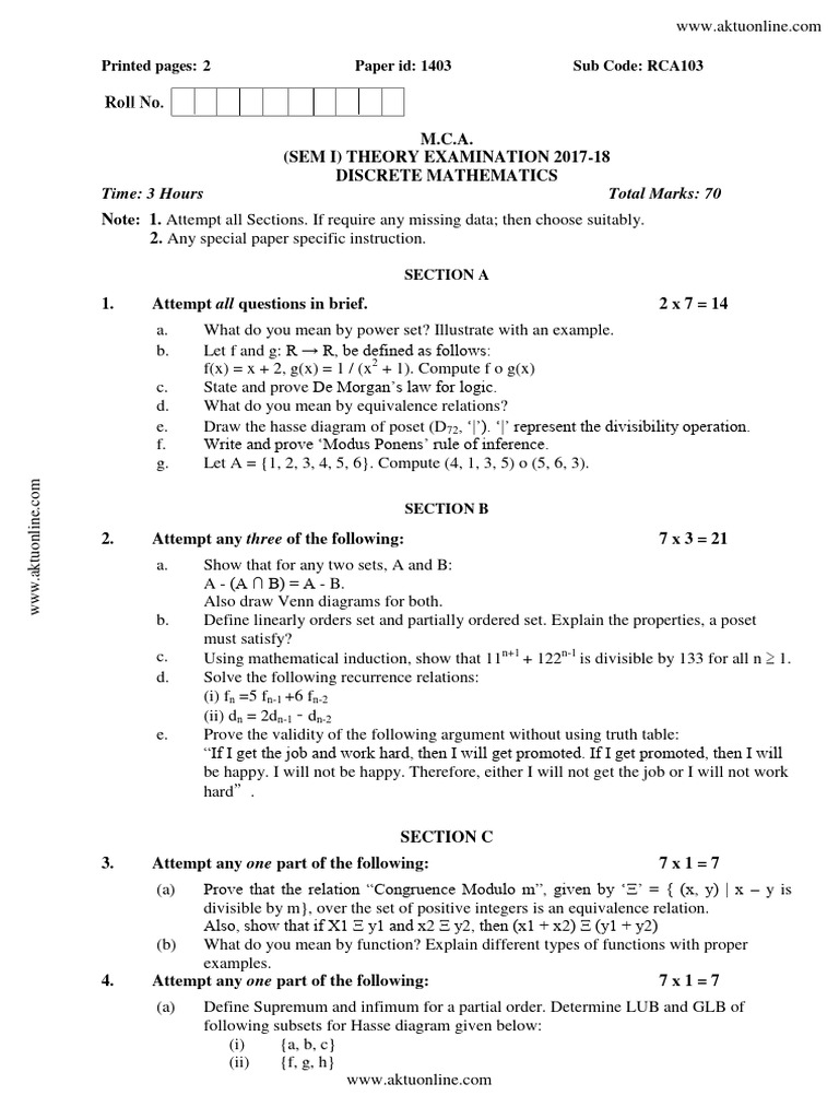 Mca 1 Sem Discrete Mathematics Rca 103 2018 | PDF | Mathematics | Mathematical Concepts