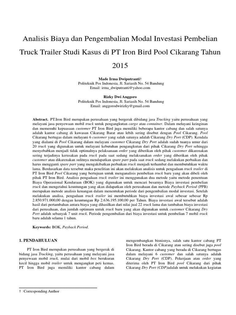 Analisis Investasi Truck Trailer PT Iron Bird | PDF