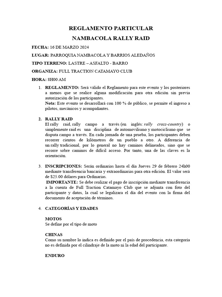 REGLAMENTO rally raid nambacola | PDF | Vehículos terrestres | Vehículo de motor