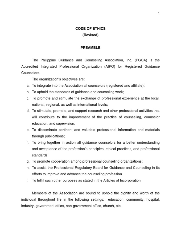Pgca Code of Ethics 2021 | PDF | Counseling Psychology | School Counselor