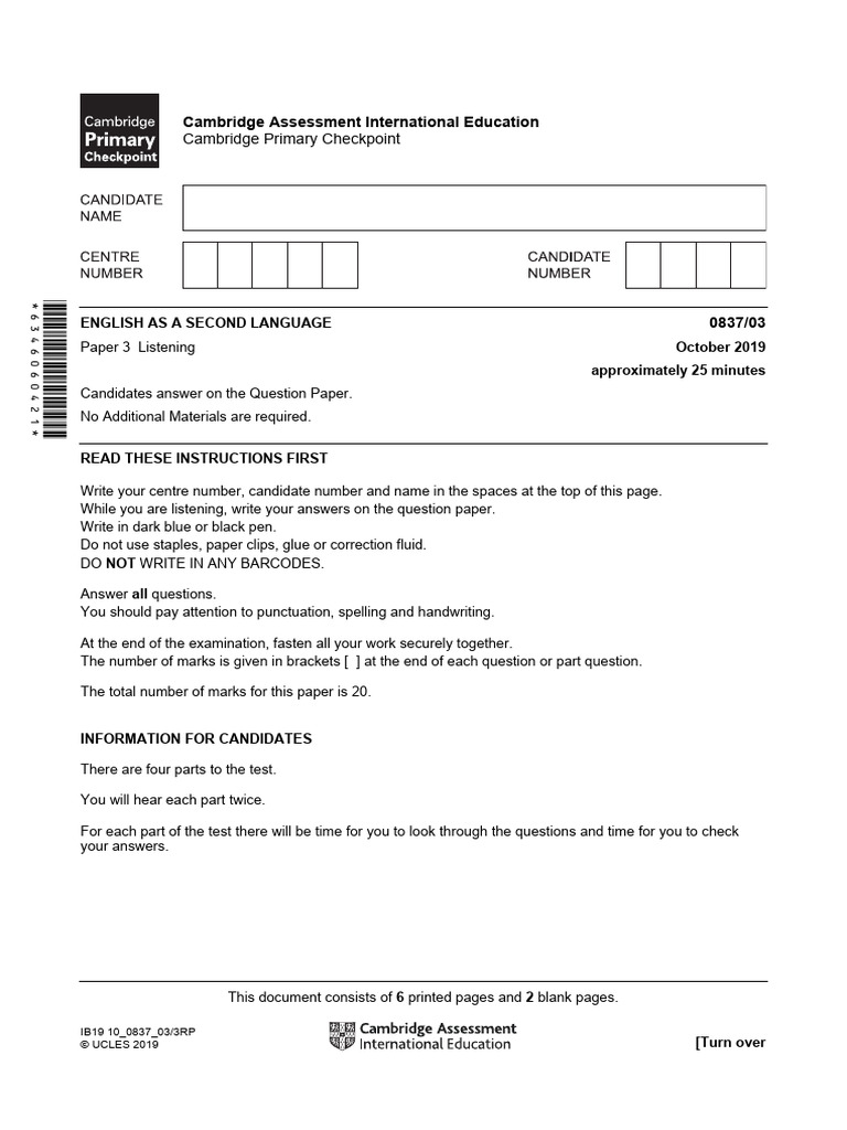 Cambridge Primary Checkpoint - English As A Second Language (0837 ...